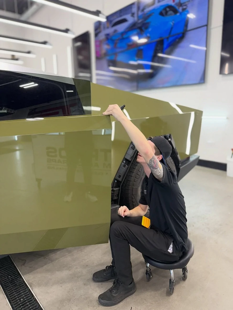 Pure PPF Sandstorm Green Cybertruck wrapped by TintPros | Tesla ...