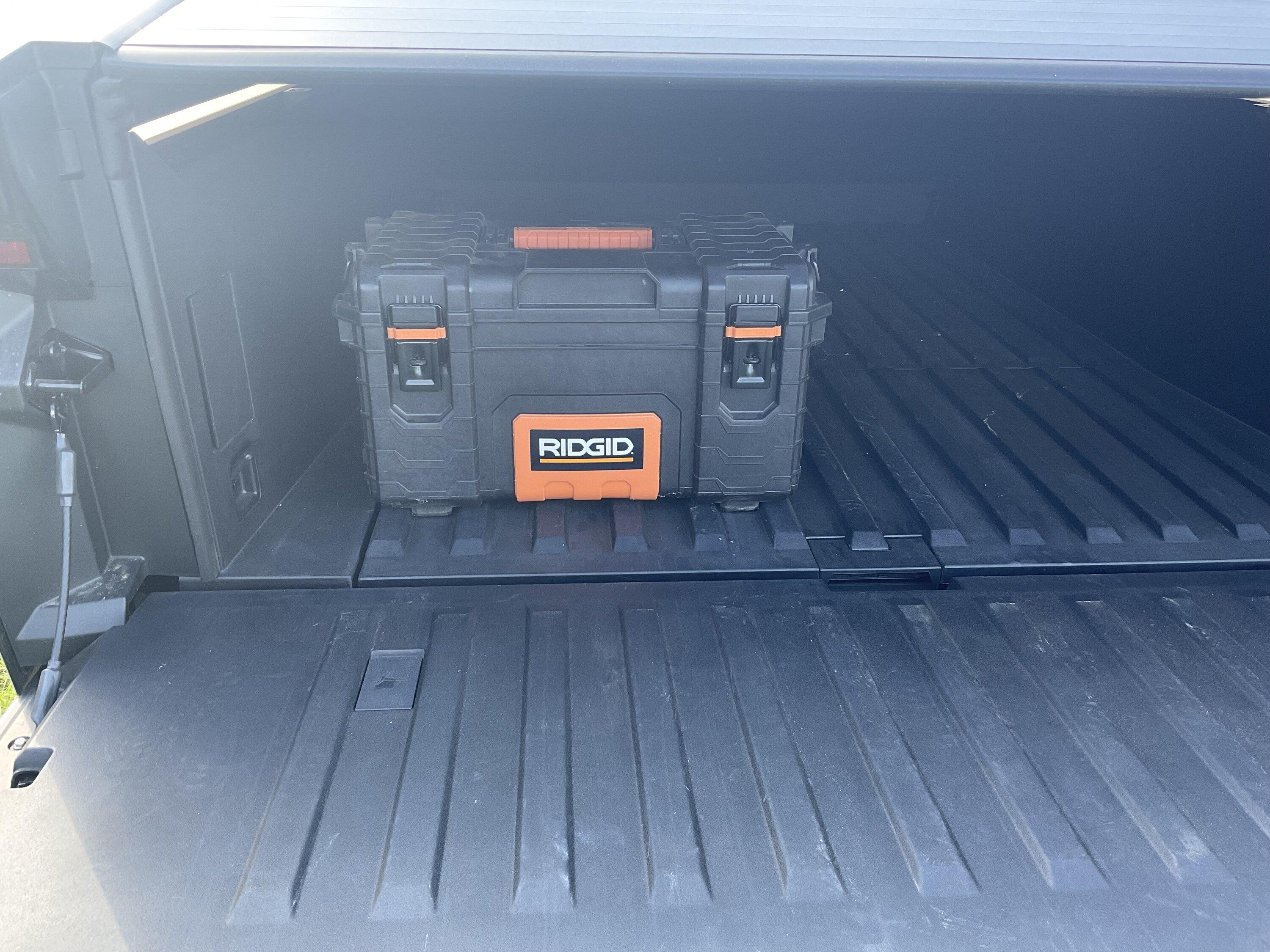 Ridgid toolbox slides right into bed floor grooves | Tesla Cybertruck ...