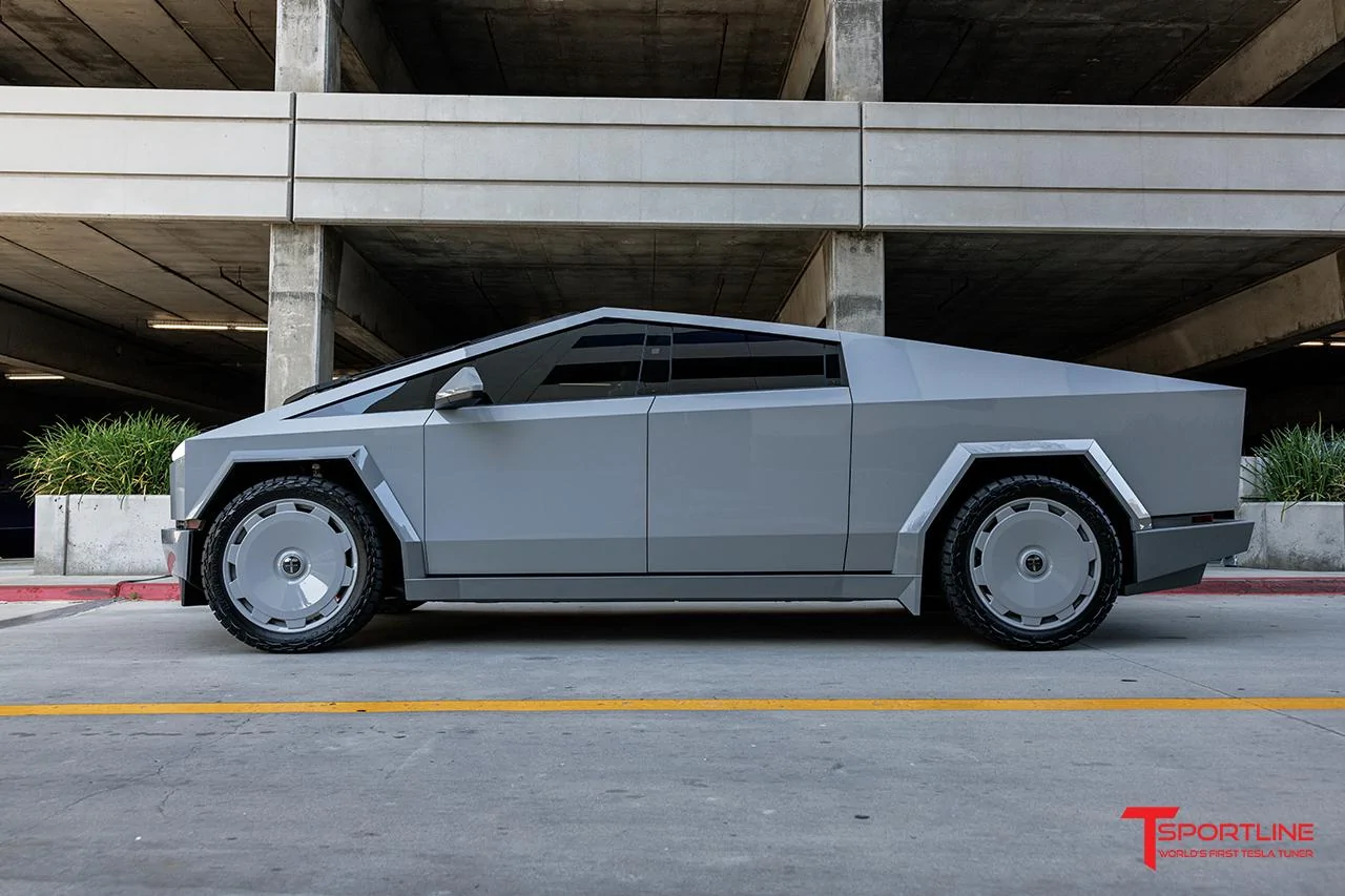 Triple Chalk Grey Cybertruck w/ wrapped bumpers and 24" Monoblock ...