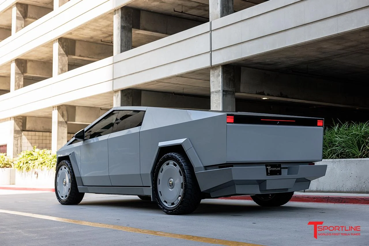 Triple Chalk Grey Cybertruck w/ wrapped bumpers and 24" Monoblock ...