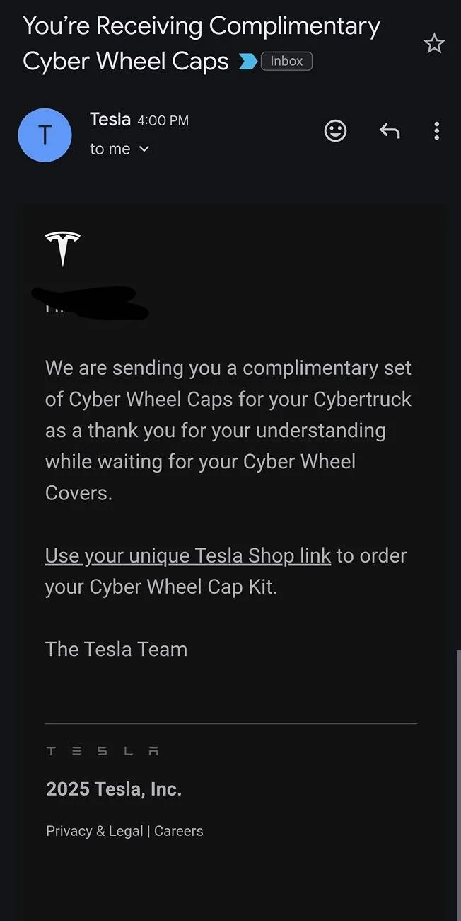 Free Cyber Wheel Caps from Tesla | Tesla Cybertruck Forum - Cybertruck ...