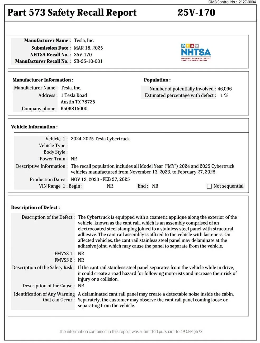 Recall: exterior trim / body panel detaching issue (46,096 Cybertrucks ...